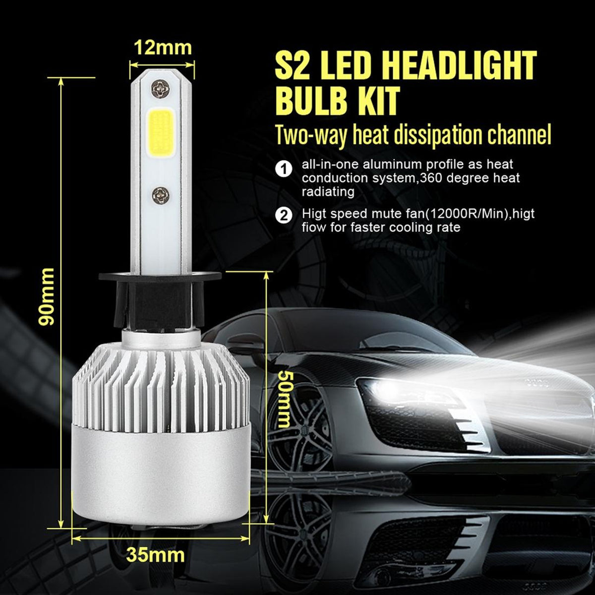 S2 40W H7 LED Headlight Bulb – 3000 Lumens Non-CANBUS | 6000K White ...